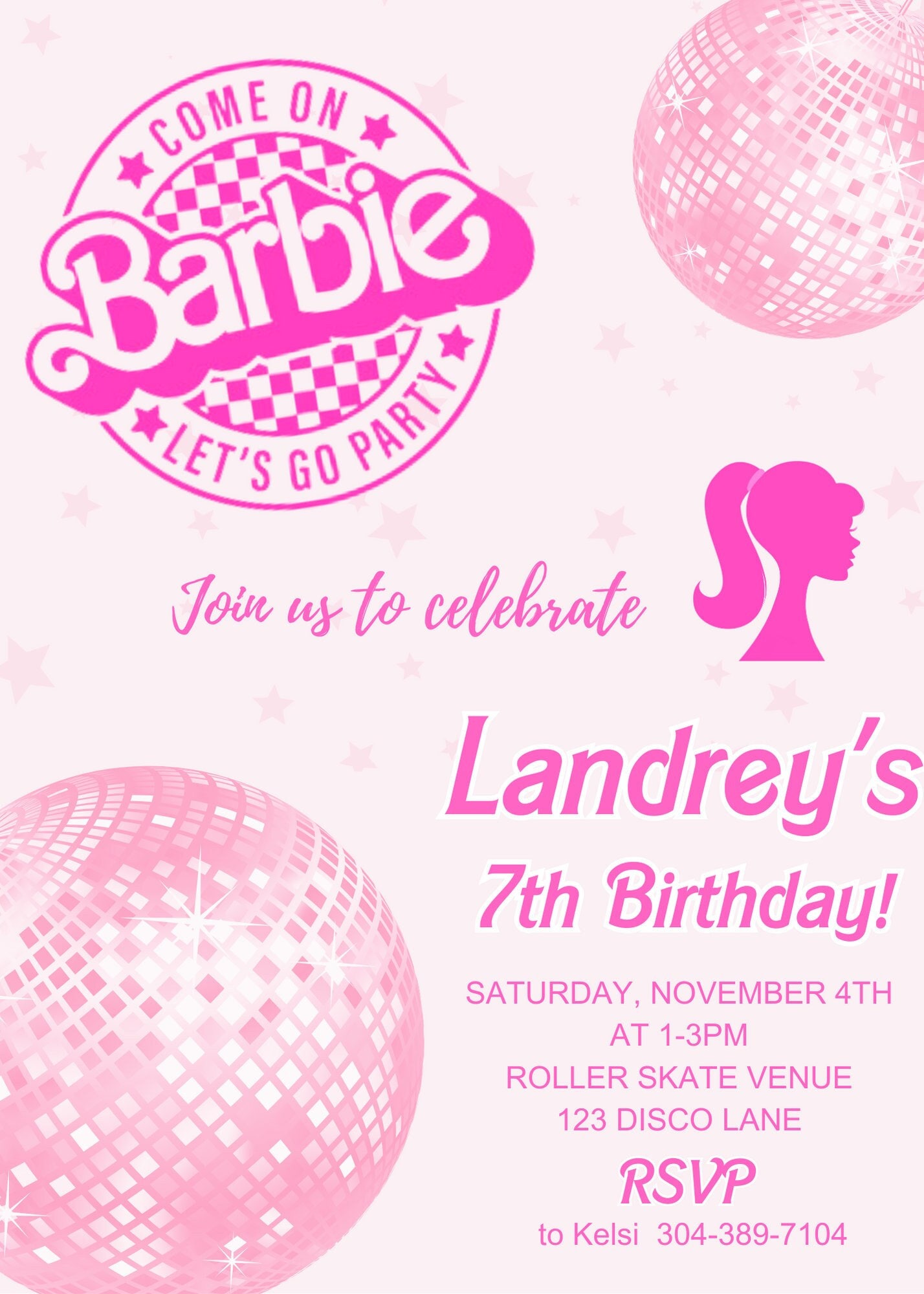 Barbie Lets Go Party Invitation, Disco Barbie, Barbie Birthday ...