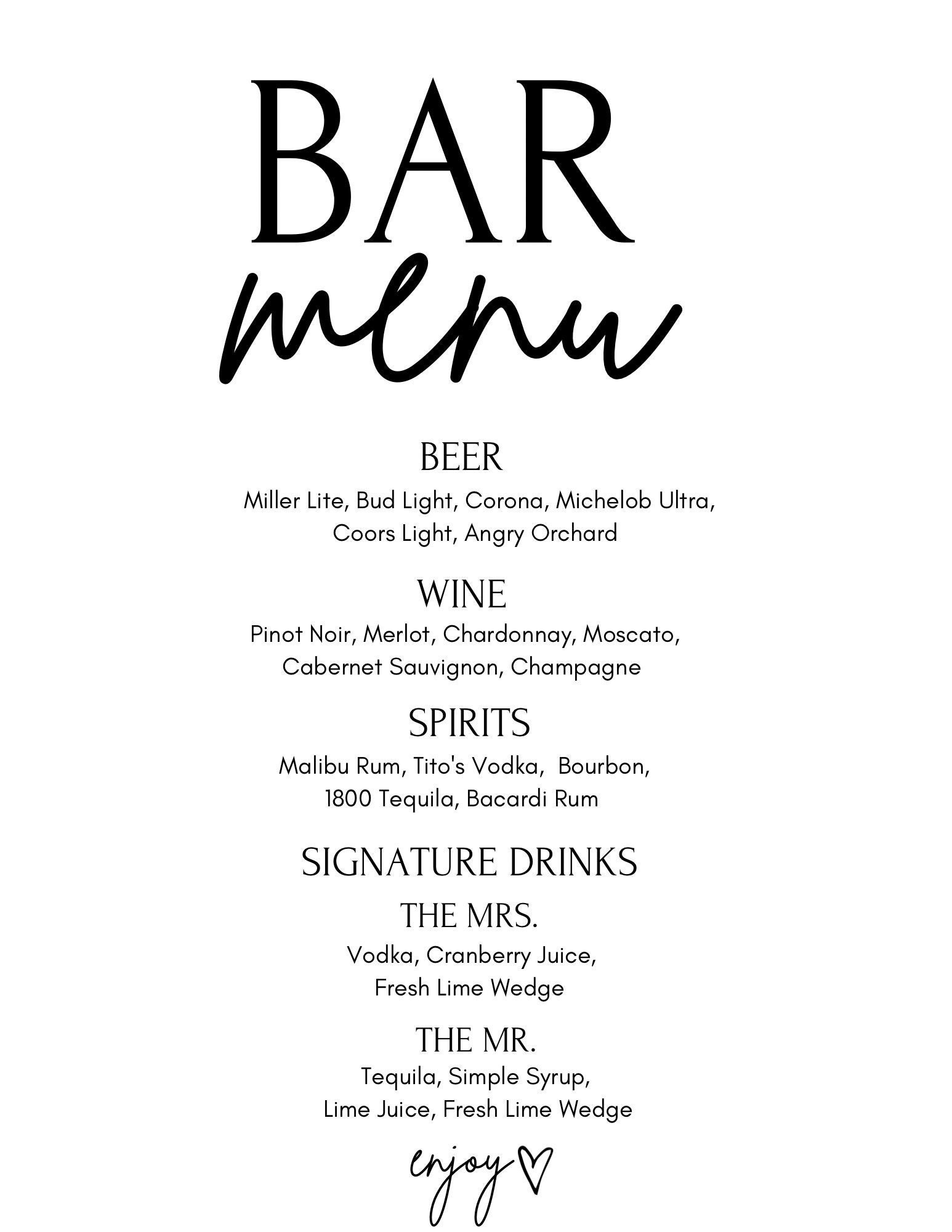 Bar Menu Template Sign for Wedding or Special Event - Etsy