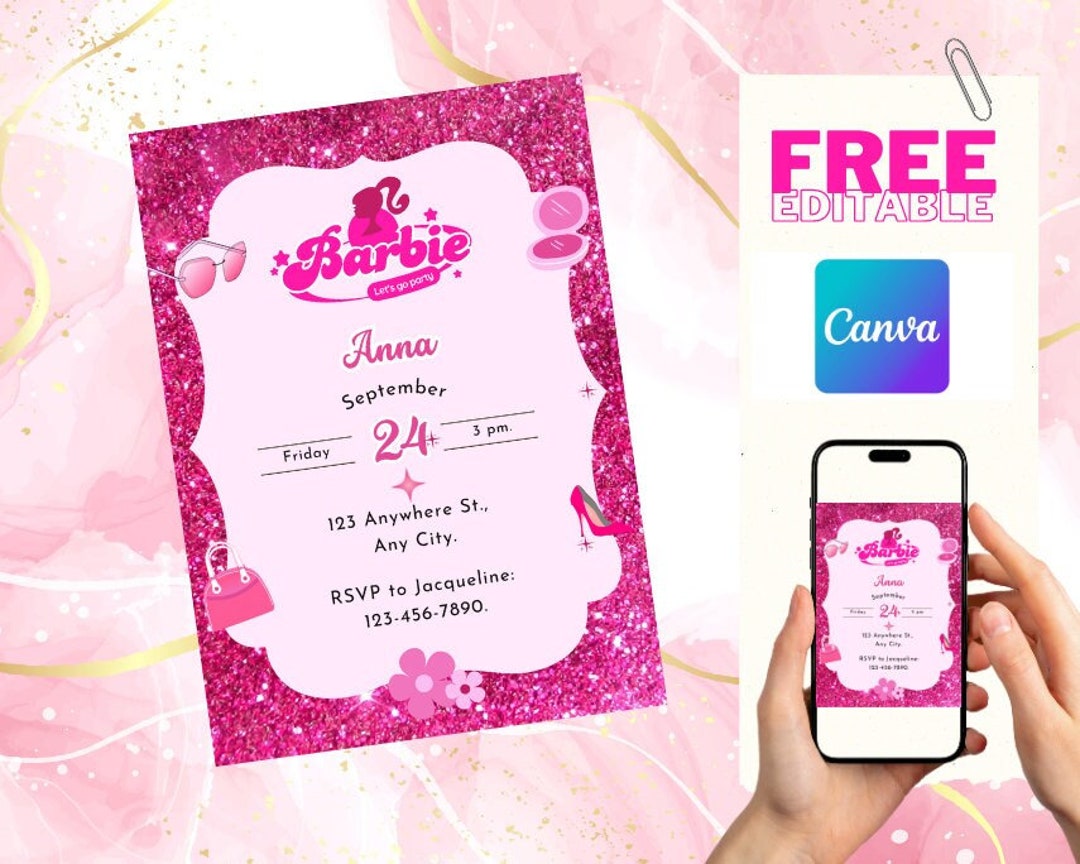 Editable Barbie Pink Party Invitation Girls Birthday Invite Fashion ...