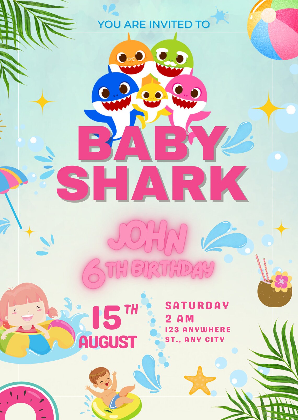 Editable Baby Shark Party Invite for Girls Pink Theme Canva Template ...