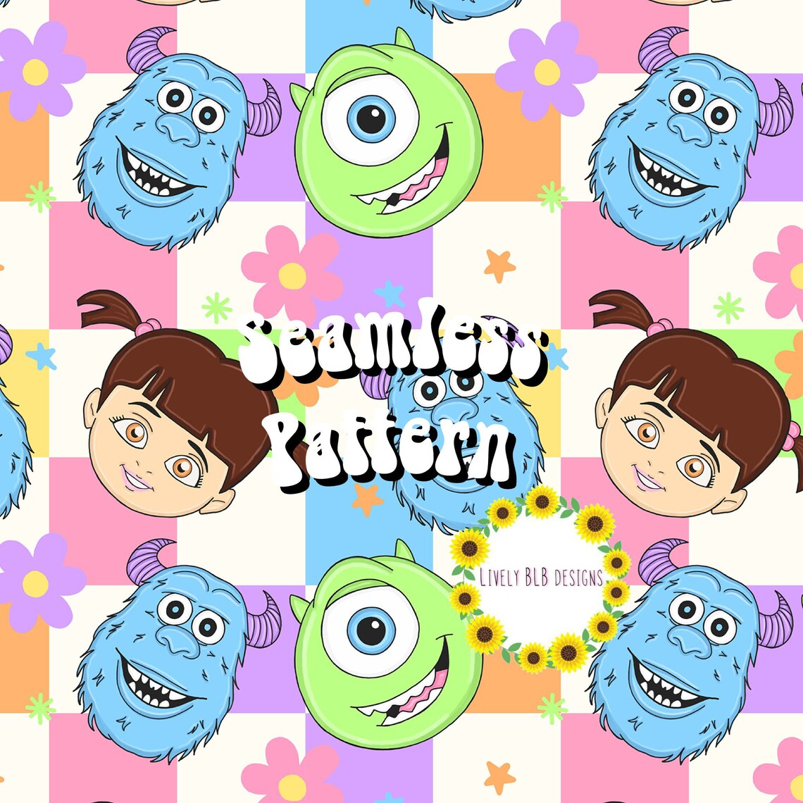 Checkered Groovy Monster Friends Repeating Seamless Pattern File Design ...