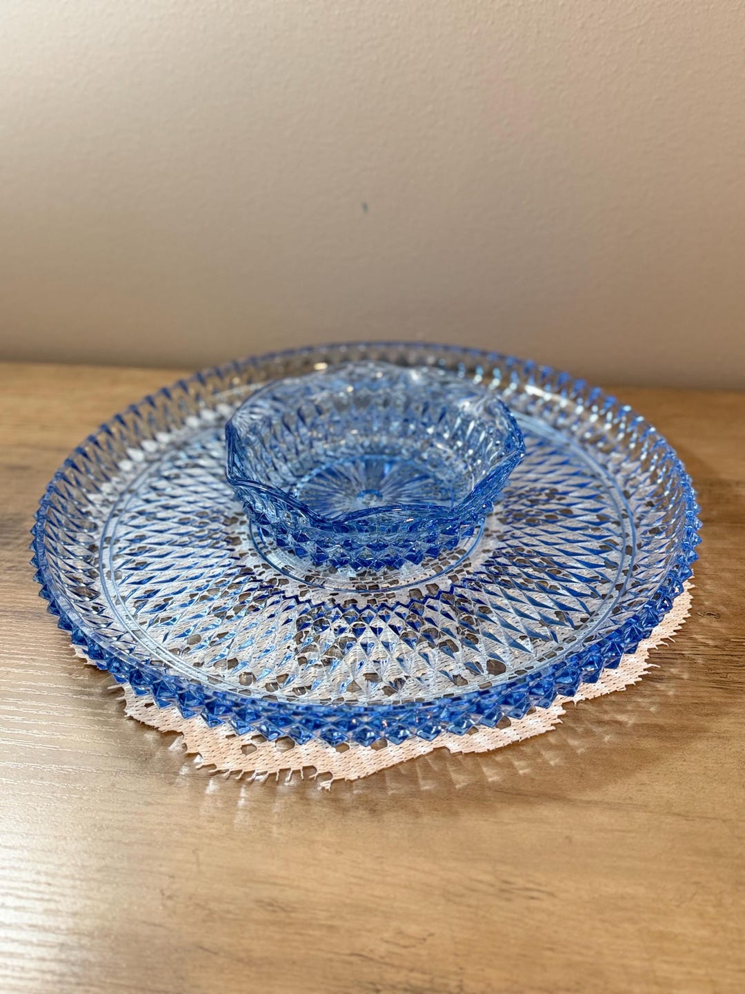 Vintage Indiana Glass Crystal Ice Blue Diamond Point Serving Platter ...