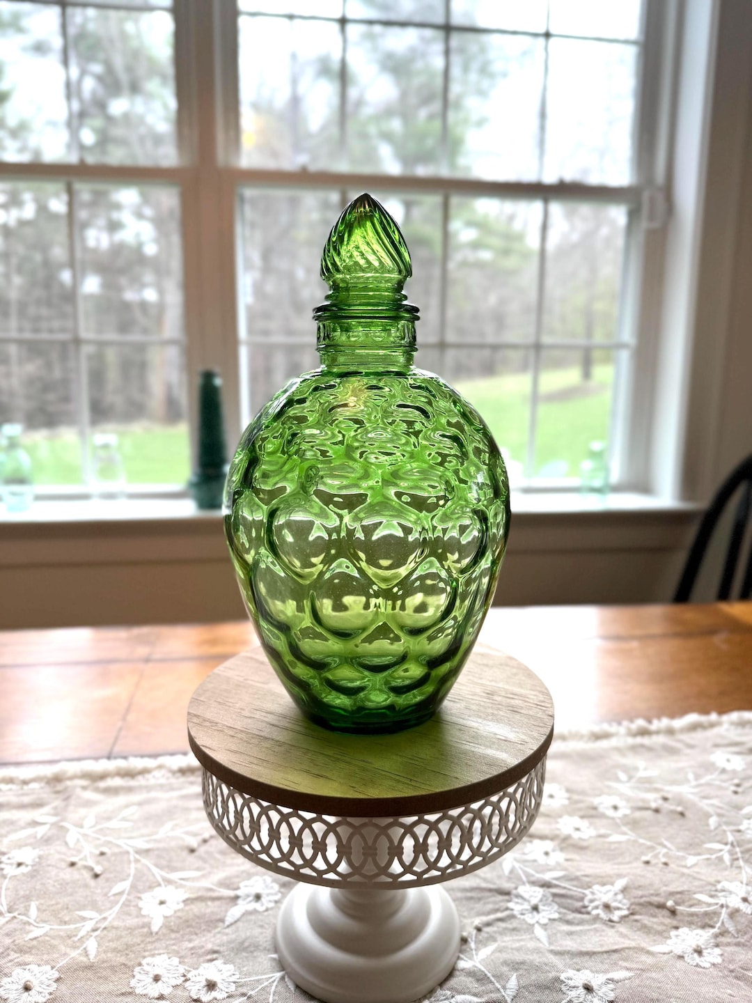 Vintage MCM Wheaton Glass Green Optic Reverse Honeycomb Decanter Genie ...