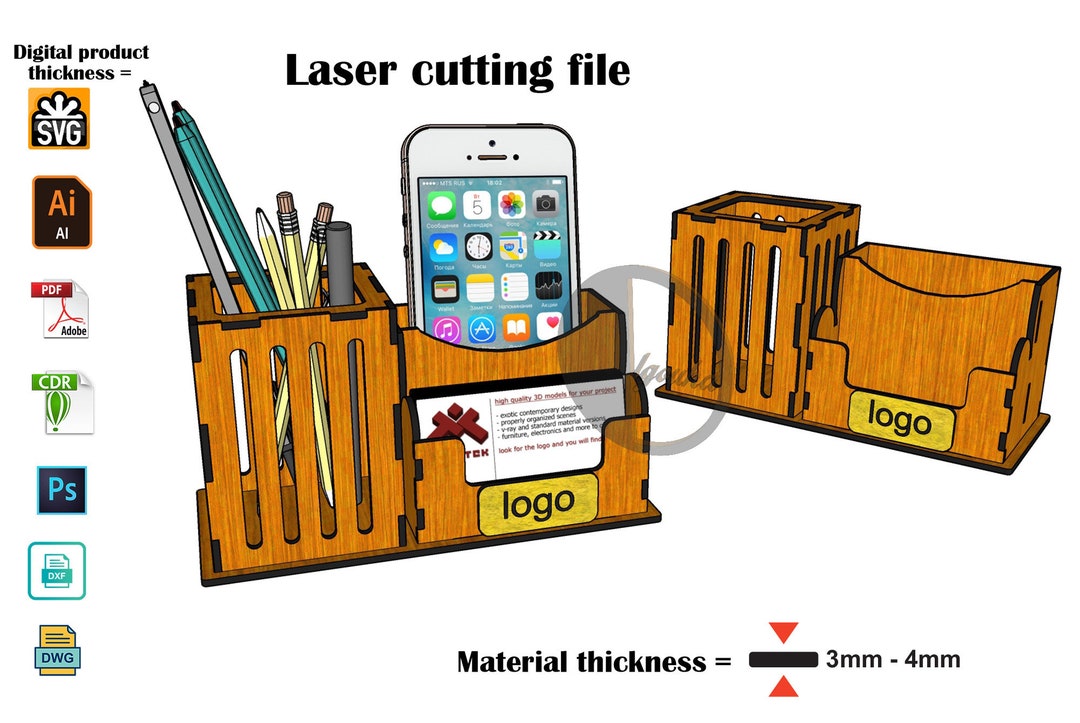 Laser Cut Pencil and Pen Stand With Business Card and Phone Holder 3mm ...