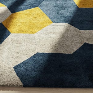 Deep Blue Mustard Yellow Grey Geometric Hand Tufted Hexagonal Design ...