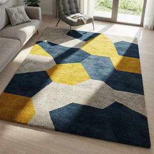 Deep Blue Mustard Yellow Grey Geometric Hand Tufted Hexagonal Design ...