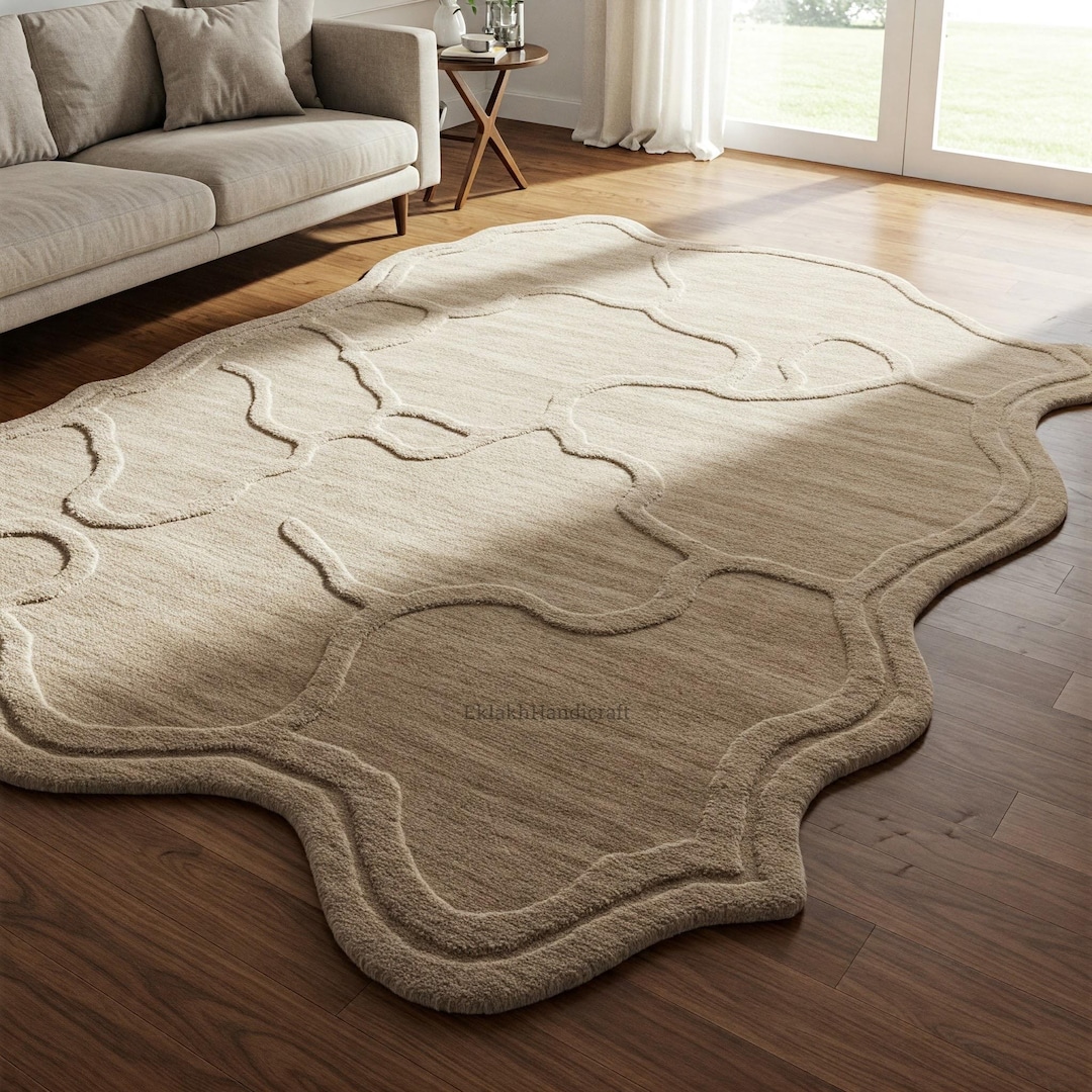Muted Beige Irregular Wool Rug, Modern Hand Tufted Abstract Area Rugs ...