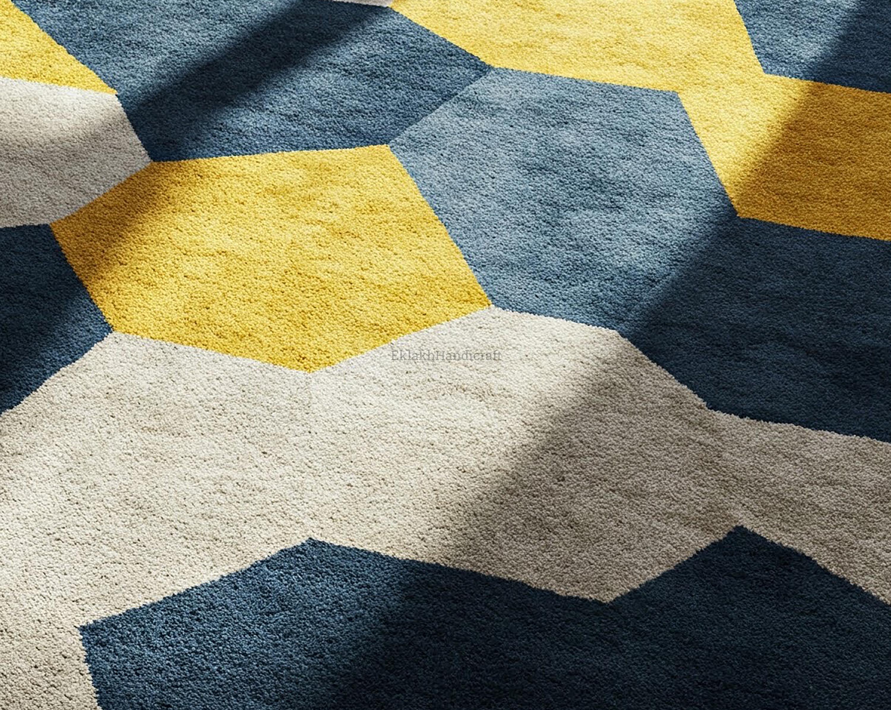 Deep Blue Mustard Yellow Grey Geometric Hand Tufted Hexagonal Design ...