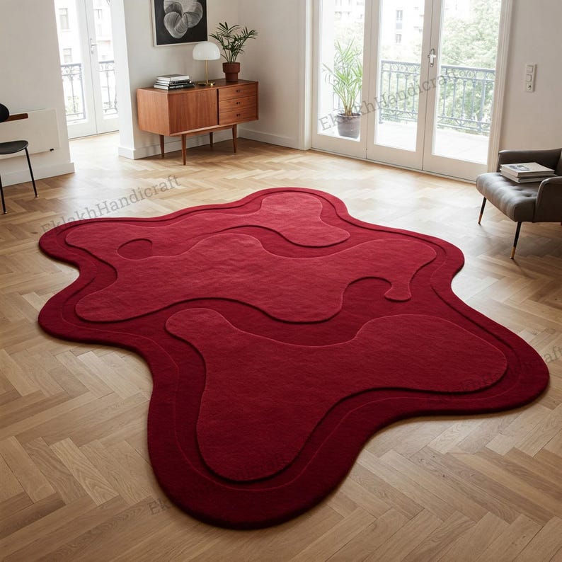 Irregular Shape Deep Red Abstract Layered Hand Tufted Bedroom Area Rug ...