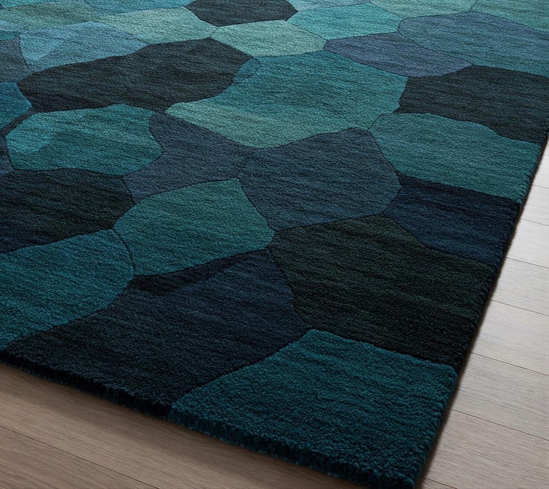 Dark Navy Blue Teal Modern Geometric Hand Tufted Stone Design Custom ...