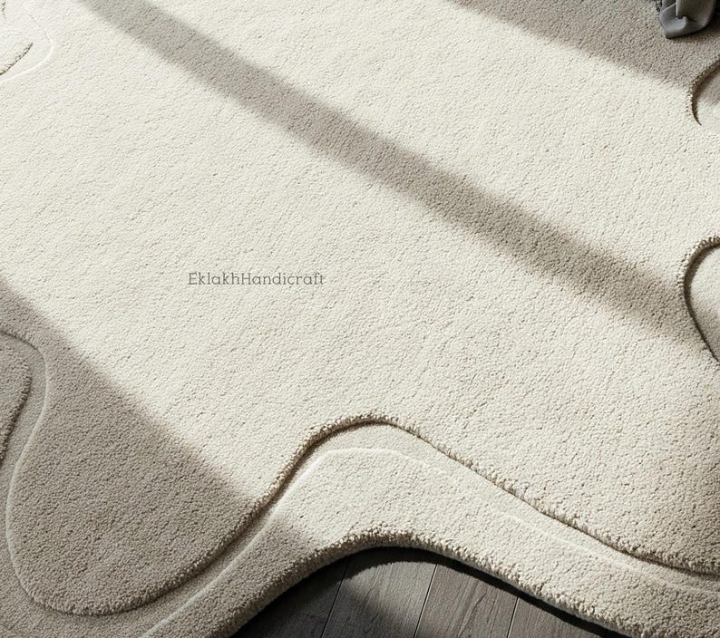 Solid off White Irregular Amoeba Shape Hand Tufted Wool Area Rugs for ...