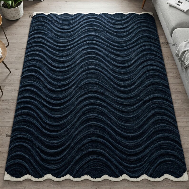 Deep Navy Blue Abstract 3d Wavy Design Hand Tufted off White Border ...