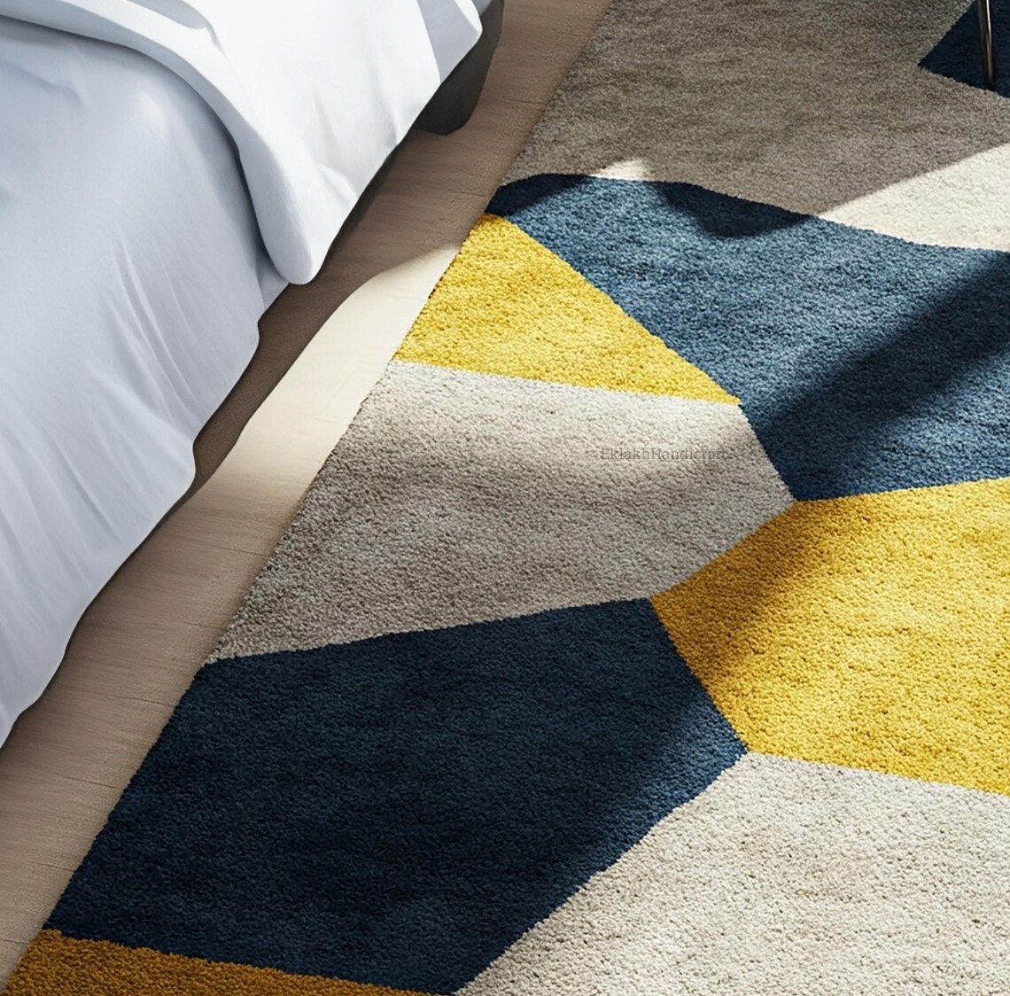 Deep Blue Mustard Yellow Grey Geometric Hand Tufted Hexagonal Design ...