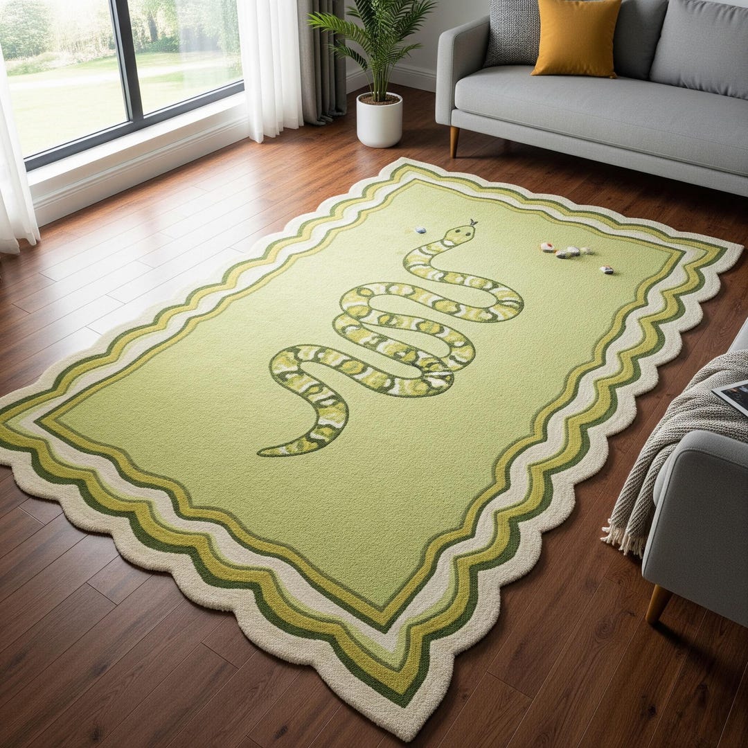 Sage Green Snake Tufted Wool Rug, Modern Scalloped Whimsical Area Rugs ...