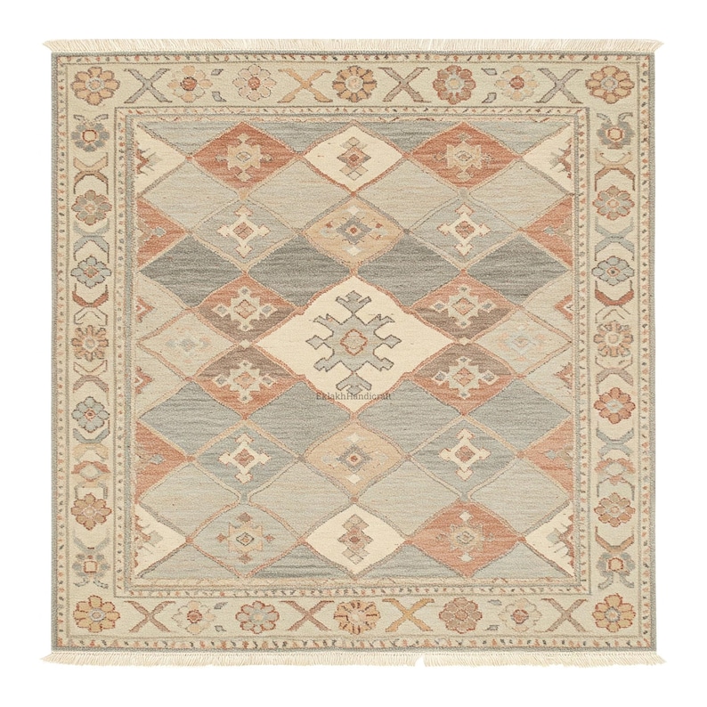 Muted Beige Grey Hand Knotted Oushak Geometric Diamond Pattern Wool ...