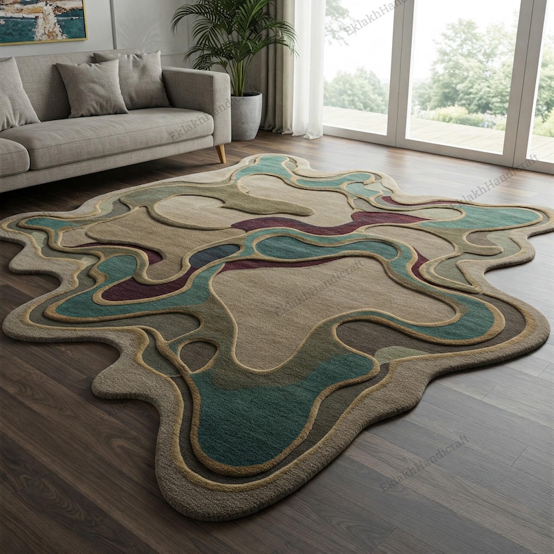 Muted Beige Brown Modern Irregular Hand Tufted Melting Design Bedroom ...