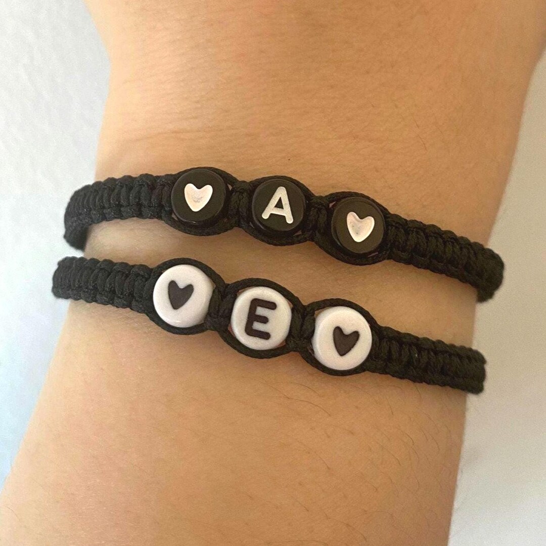 Couples Love Bracelets With Black Heart & Initial, Personalized ...