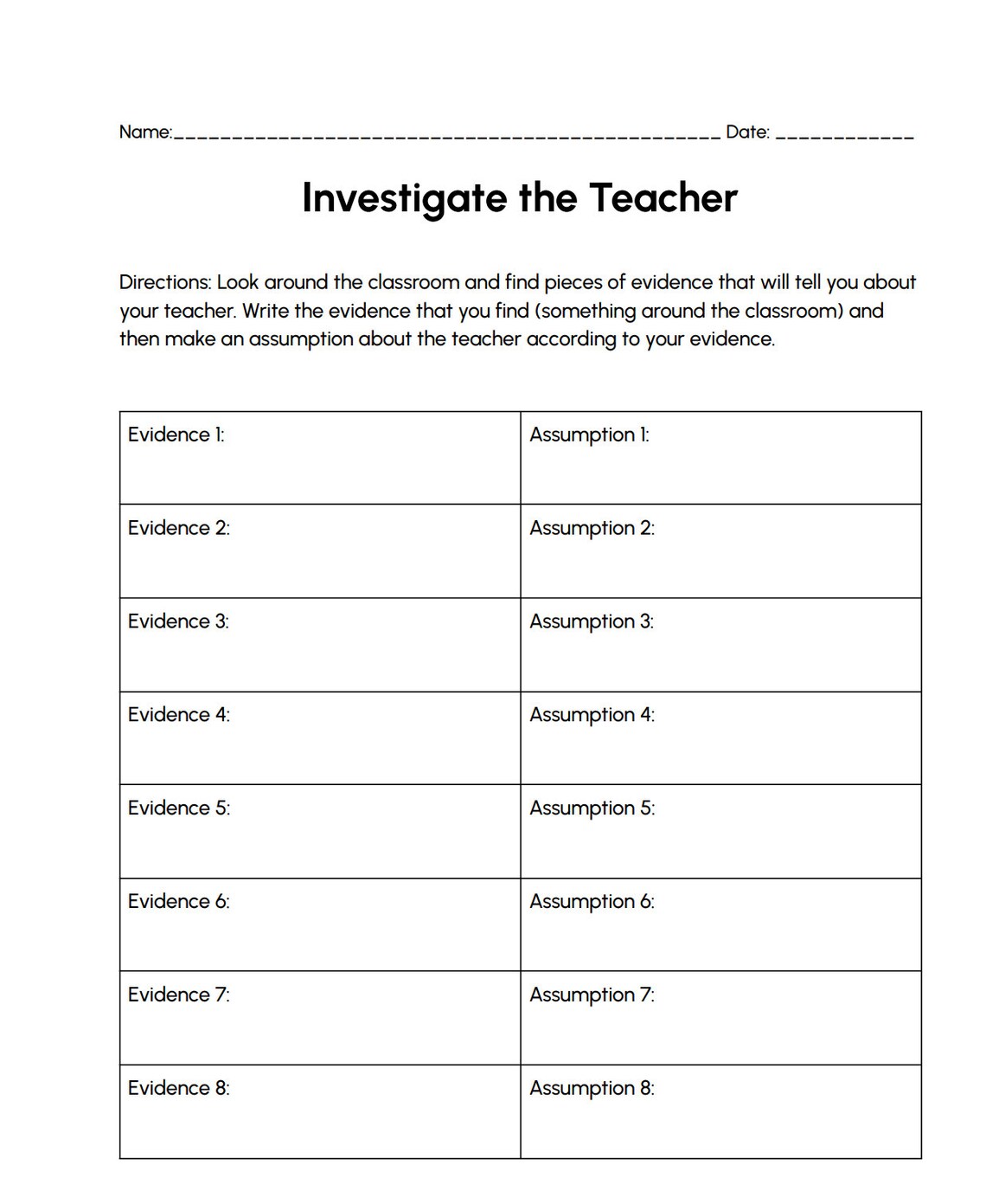 DIGITAL DOWNLOAD Investigate the Teacher First Day of School Activity ...