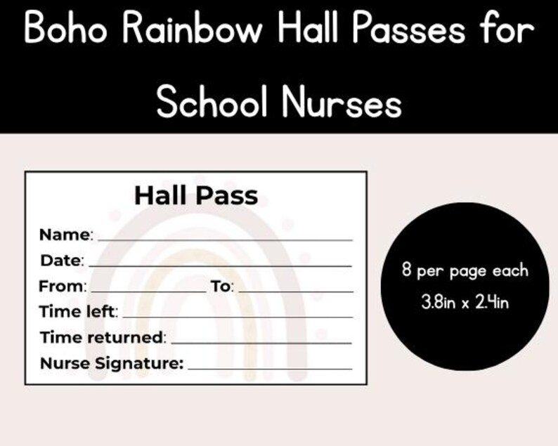 Digital Download Rainbow Boho Themed Hall Passes for School Nurses With ...