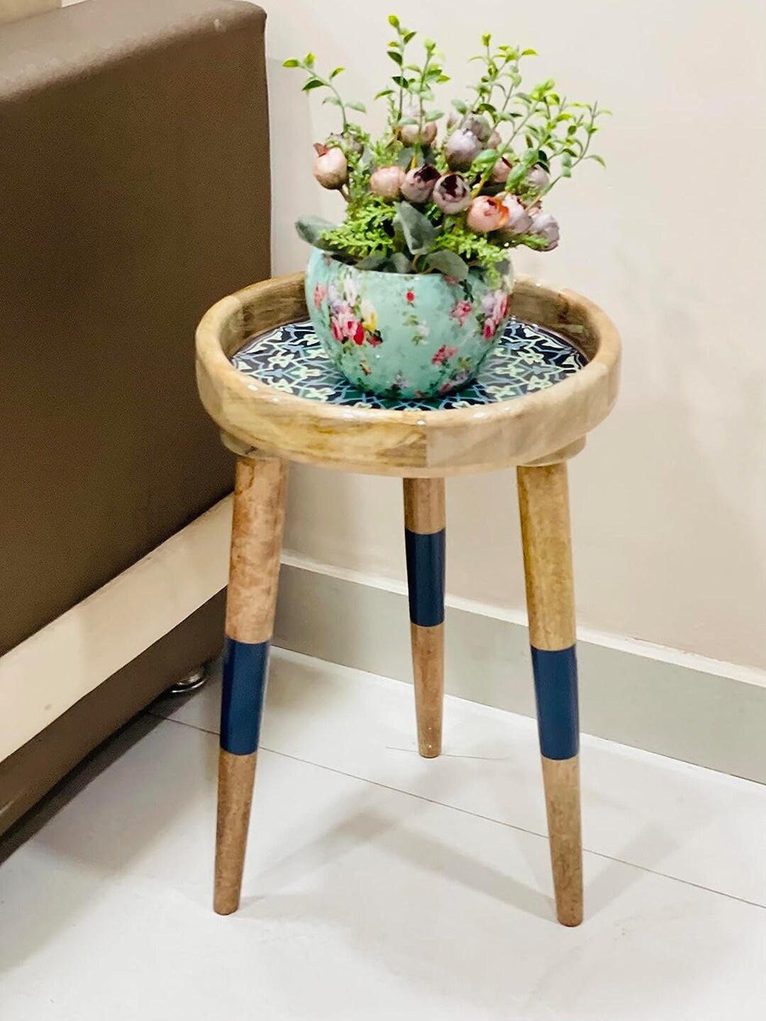 Stylish Wooden Tripod Stand/stool Side Table Round Blue - Etsy