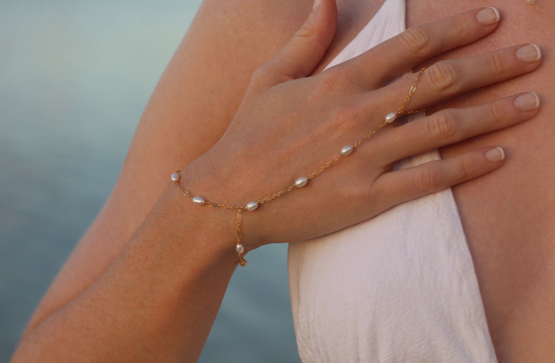 Pearl Hand Chain, 14k Gold Filled Pearl Hand Chain, Real Freshwater Pearl Bracelet, Minimalist ...