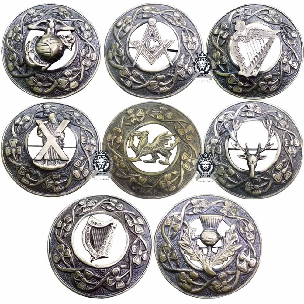 Scottish Tartan Kilt Fly Plaid Brooch – Antique Brass Shamrock Design ...