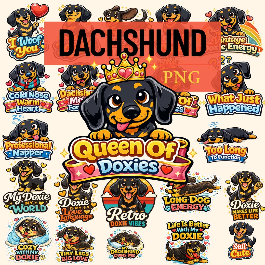 Dachshund PNG Bundle, Doxie Clipart, Funny Dog Sticker Designs ...