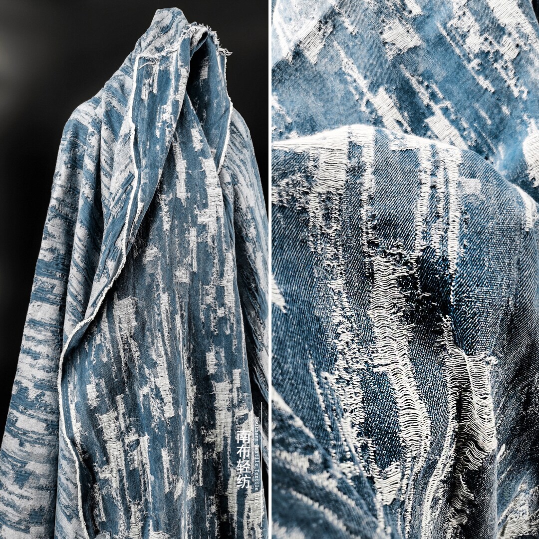 Sky Blue Denim Fabric, Ripped Denim, Jacquard Denim Fabric, Distressed ...