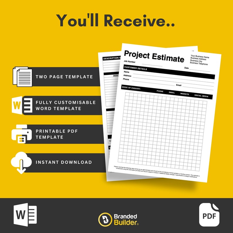 Construction Job Estimate Form | Editable Pricing Template | Printable ...