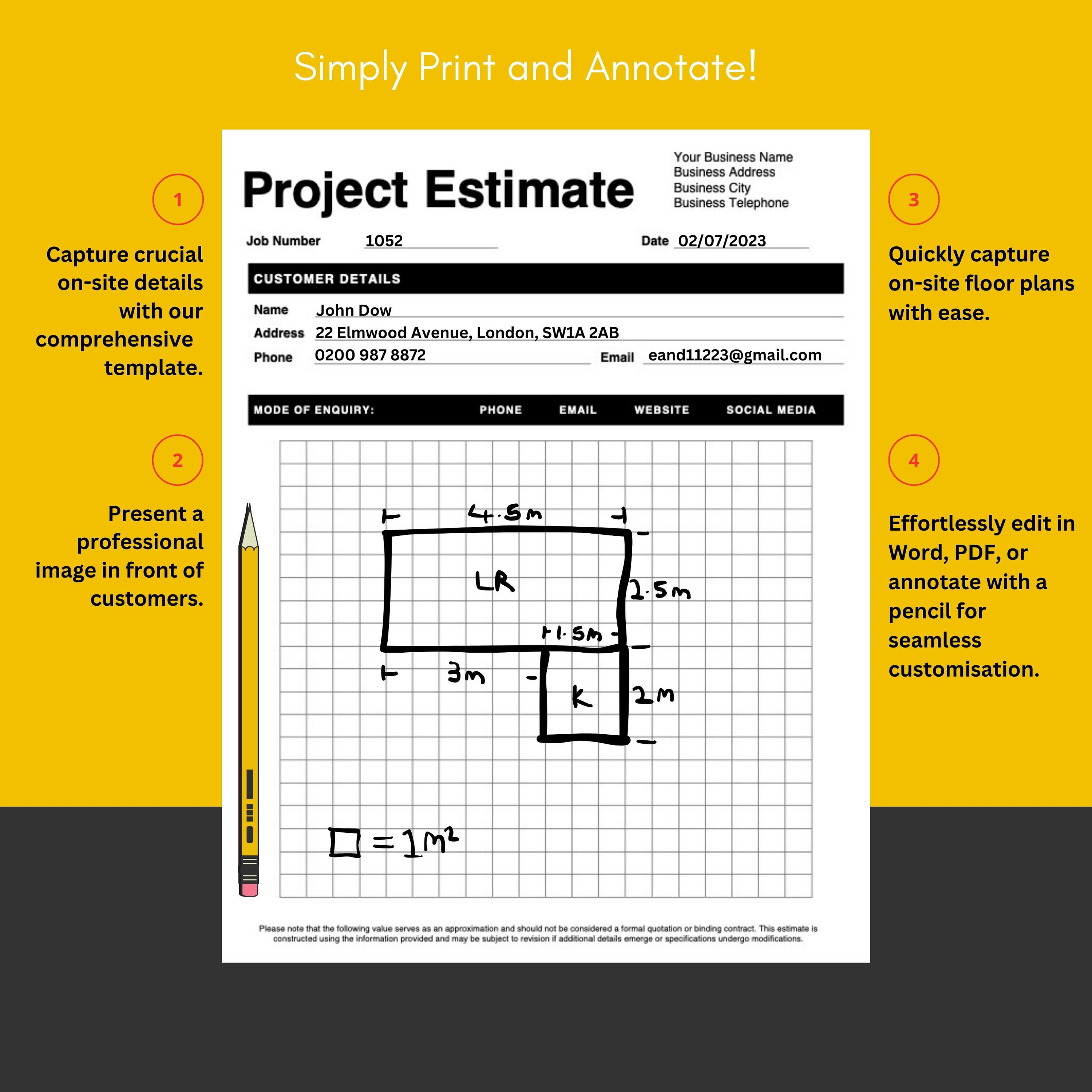Construction Job Estimate Form | Editable Pricing Template | Printable ...