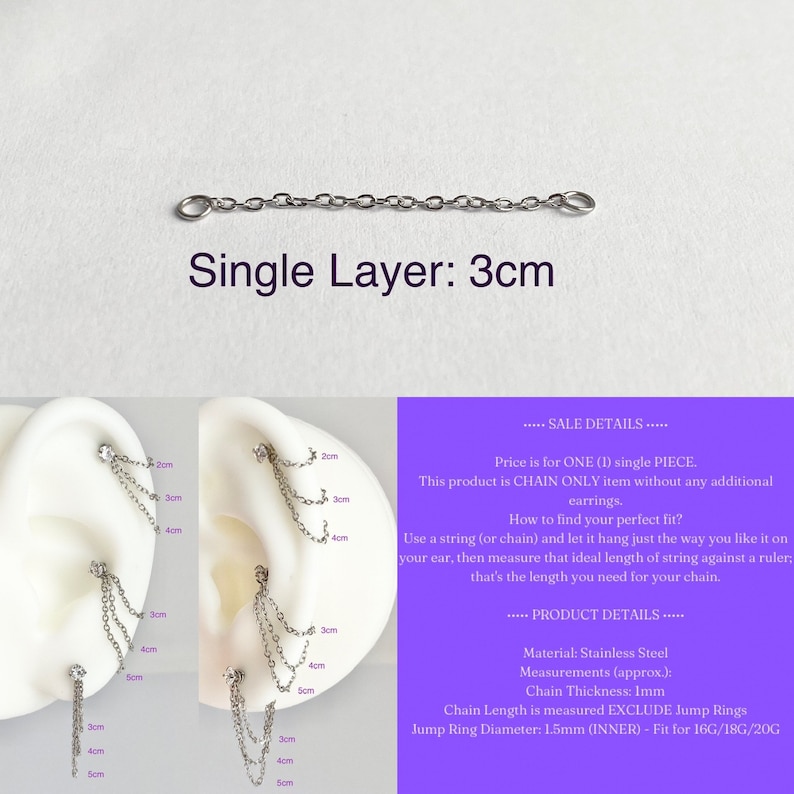 Stainless Steel Chain for Piercing, Cartilage Helix Conch Lobe Nose ...