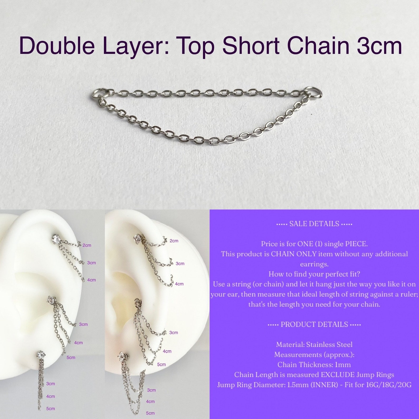 Stainless Steel Chain for Piercing, Cartilage Helix Conch Lobe Nose ...