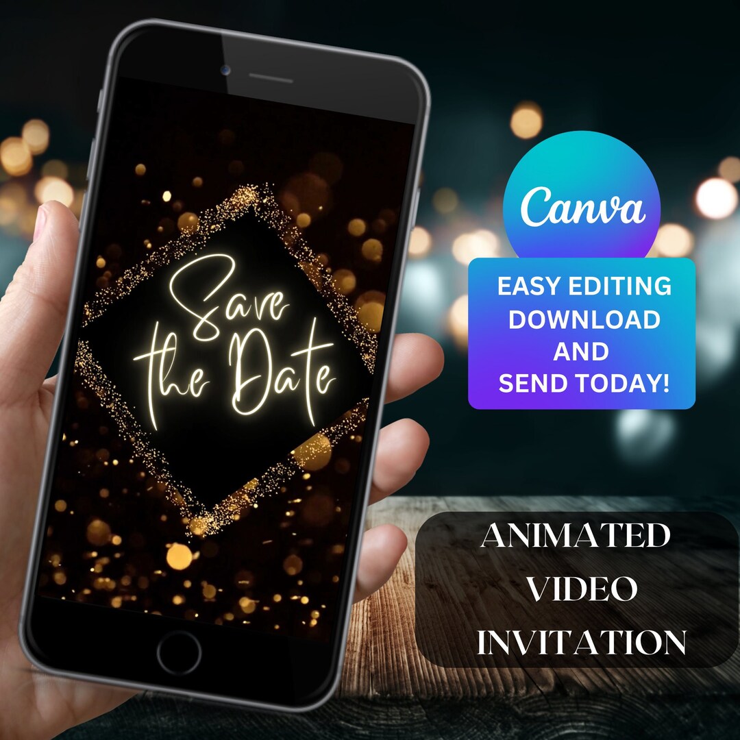 Digital Black Gold Neon Save the Date Animated Video Invitation for ...