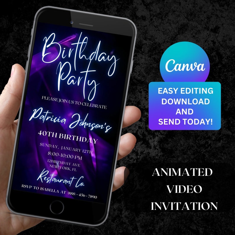 Editable Birthday Party Invitation Template Digital Purple Etsy