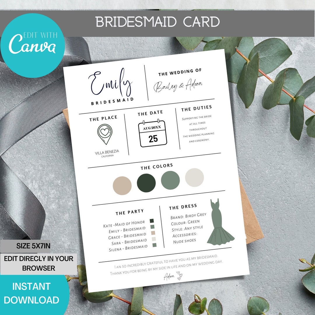 Bridesmaid Info Card Editable Template Customizable Bridal Party ...