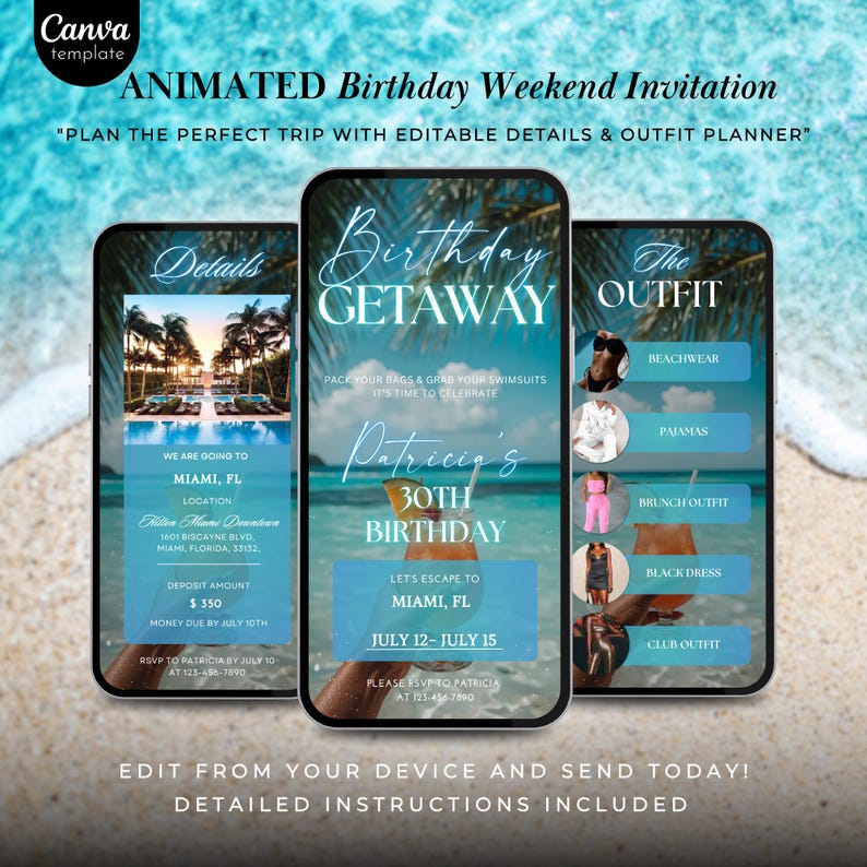 Birthday Getaway Girls Trip Invitation, Editable Tropical Travel ...