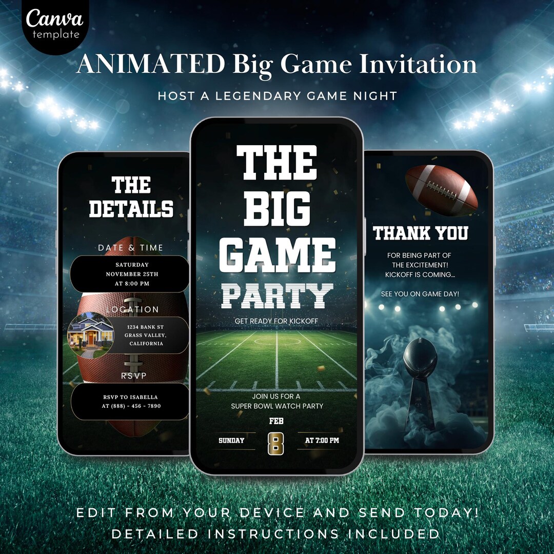 Animated Big Game Invitation, Party Invite Editable Canva Football ...