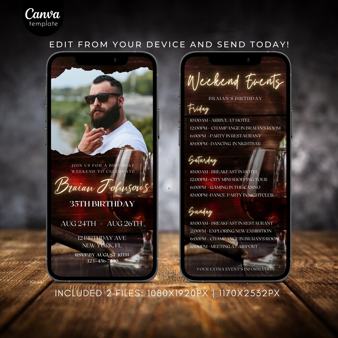 Digital Men's Birthday Weekend Invitation Electronic Weekend Itinerary ...