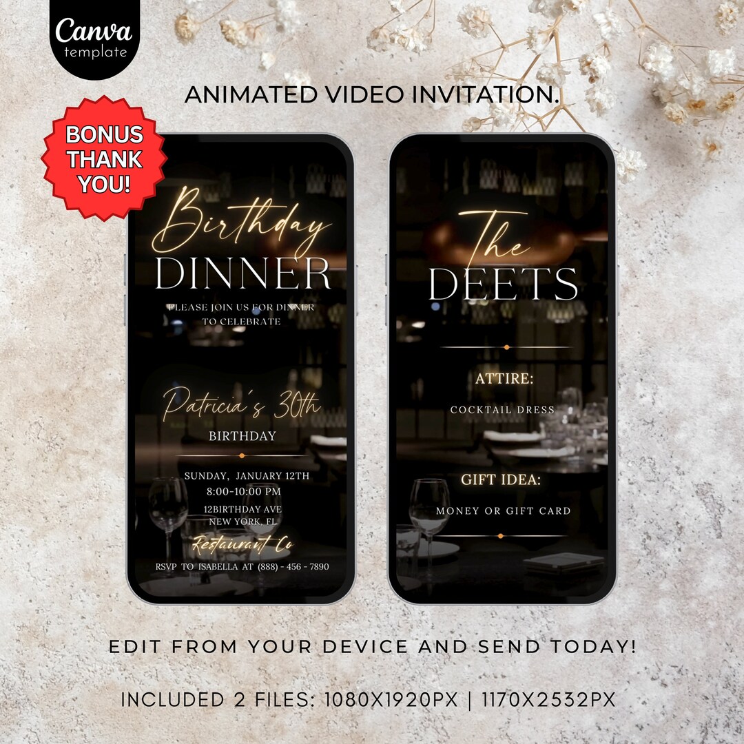 Birthday Dinner Video Invitation Editable Template Animated Birthday ...