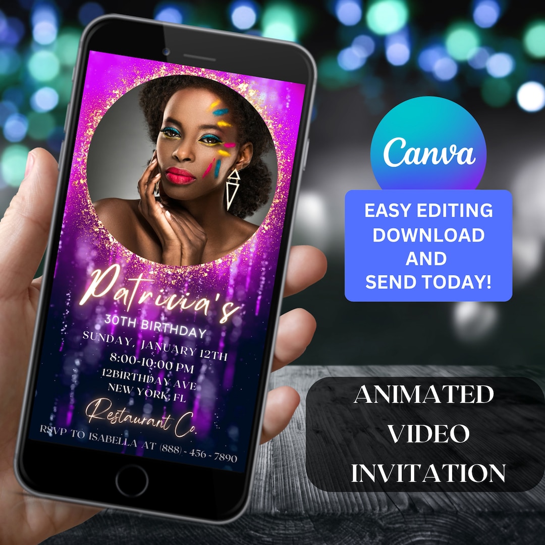 Invitación de cumpleaños de neón de oro púrpura editable para mujer con ...