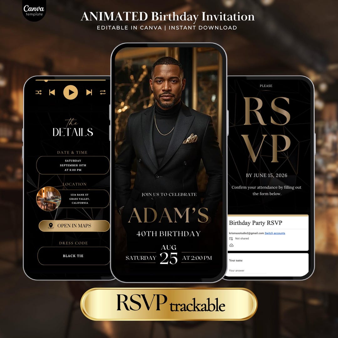 Animated Birthday Invitation for Him, Black Tie Digital Party Einvite ...