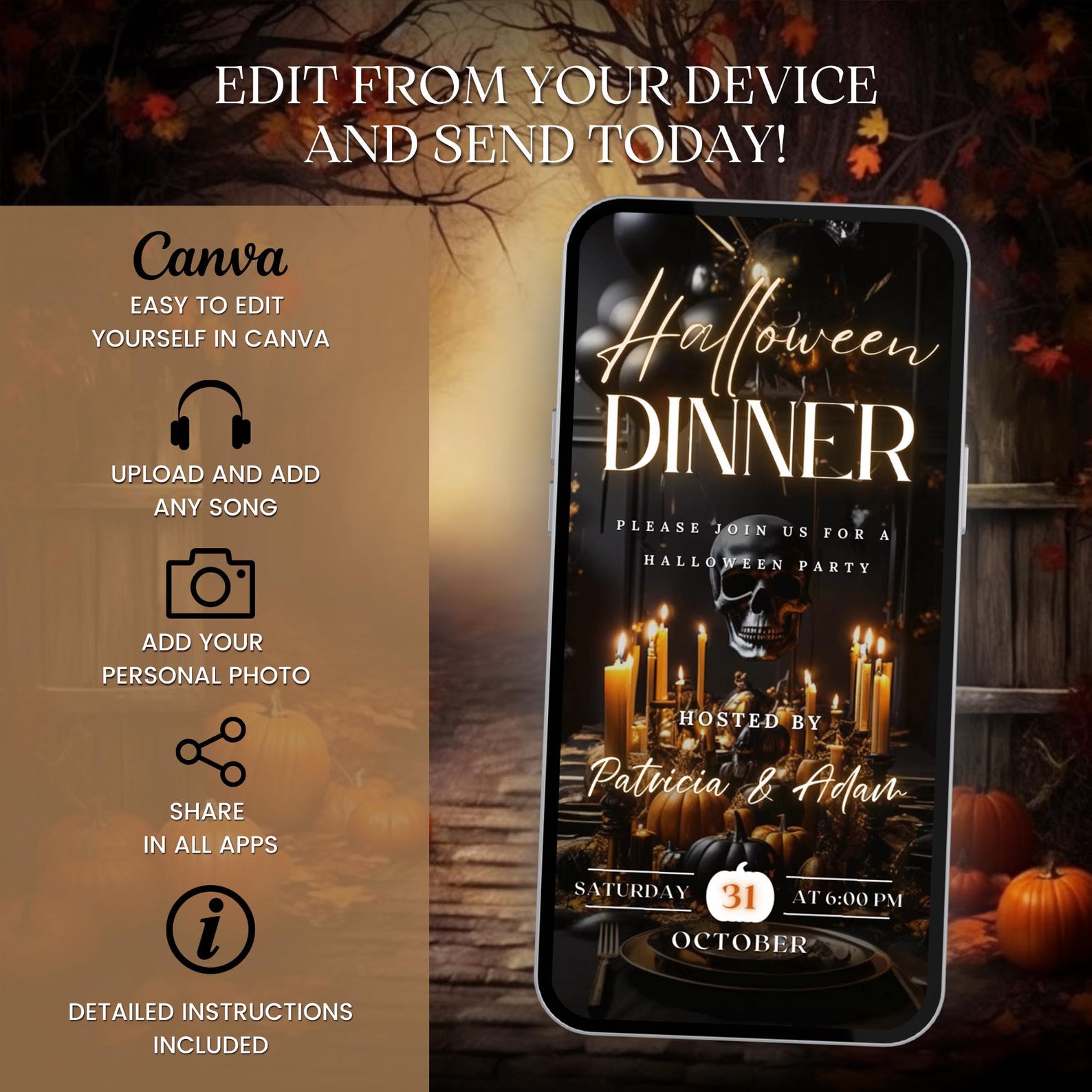 Halloween Dinner Party Invitation, Halloween Bash Template, Editable ...