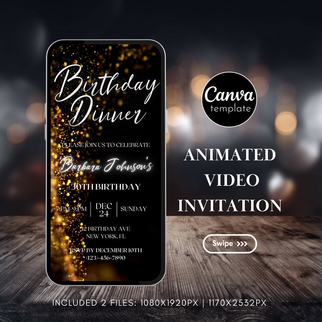 Digital Gold Birthday Video Invitation Template Gold Glitter Birthday ...