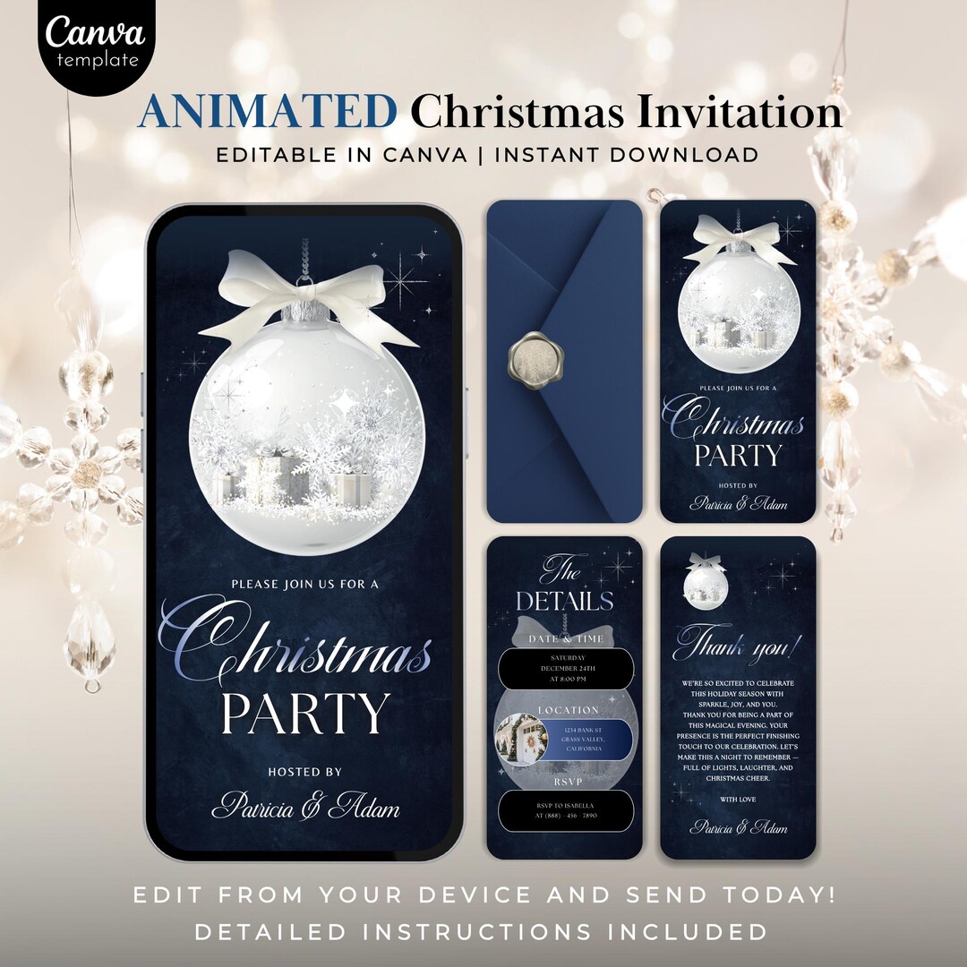 Animated Christmas Invitation | Elegant Navy Blue Canva Template ...