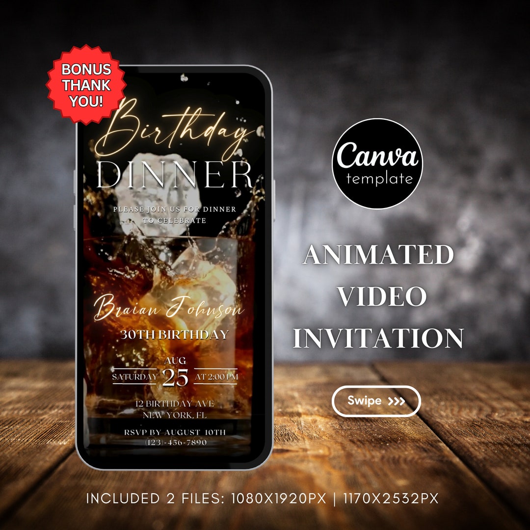 Digital Birthday Dinner Invitation Editable Template Animated Video ...