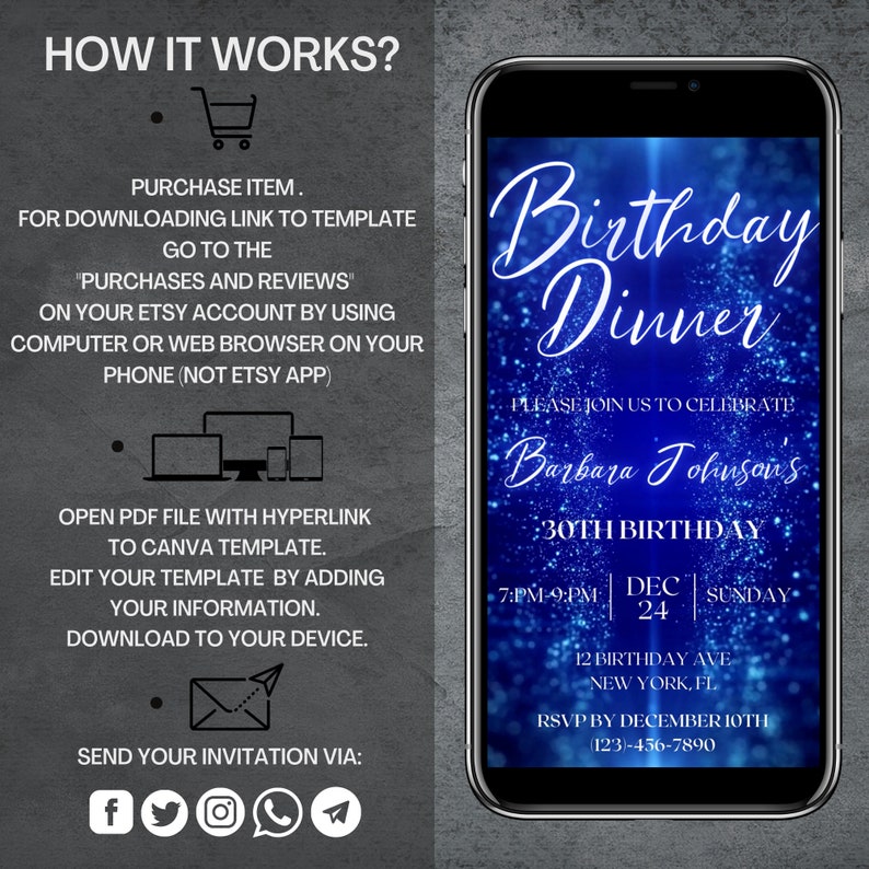 Editable Blue Birthday Invitation Template Birthday Dinner - Etsy