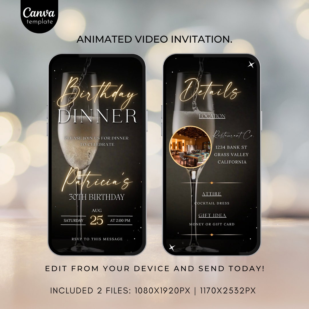 Digital Birthday Dinner Invitation Editable Template Animated Video ...