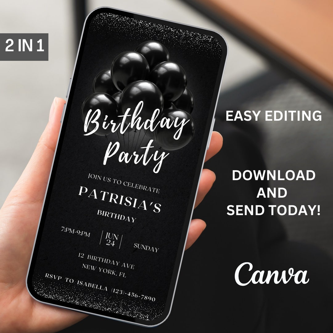 Digital Birthday Invitation Template Editable Black Birthday Party ...