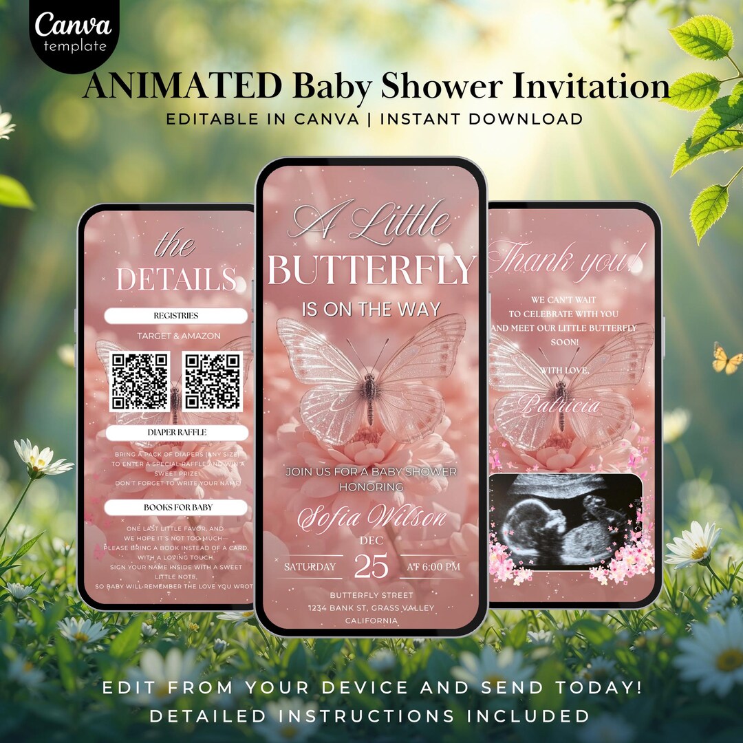 Editable Animated Butterfly Baby Shower Invitation Girl Canva Template ...