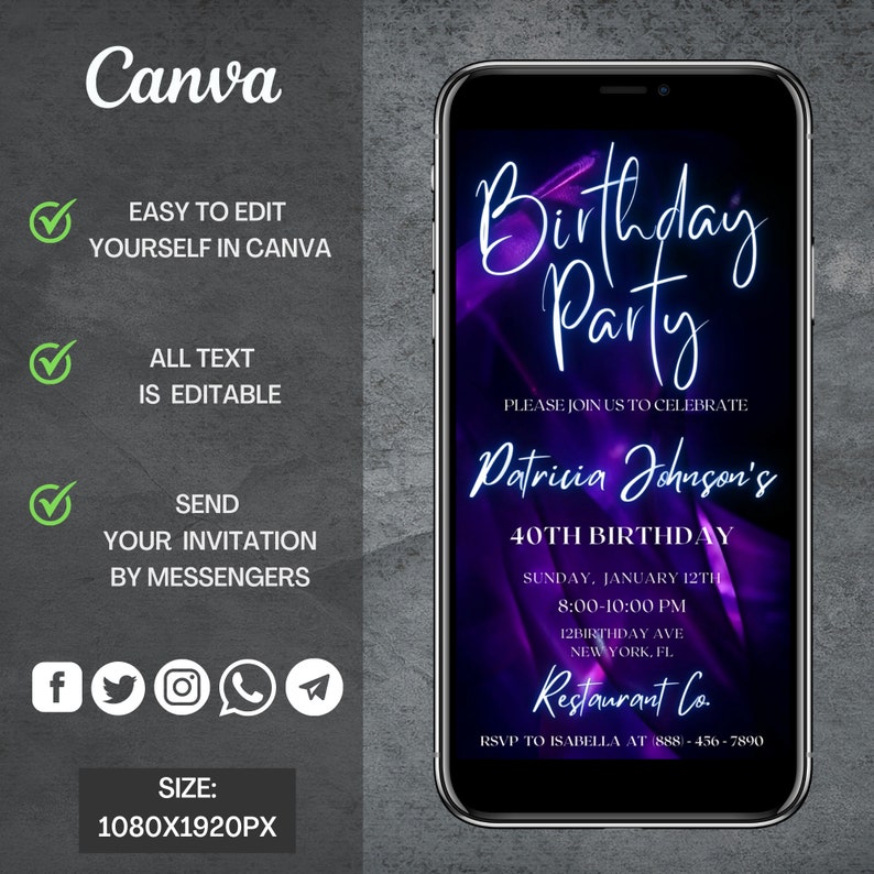 Editable Birthday Party Invitation Template Digital Purple Etsy
